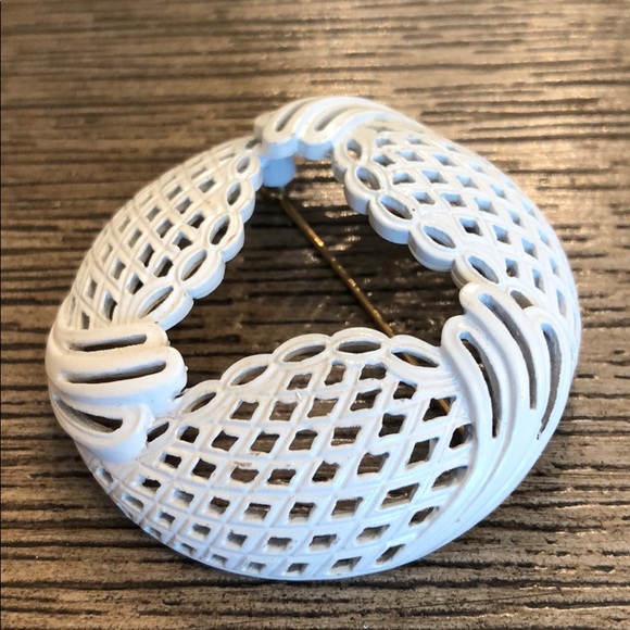 Vintage | Jewelry | Vintage Monet White Enamel Pin Round Pierced Metal ...
